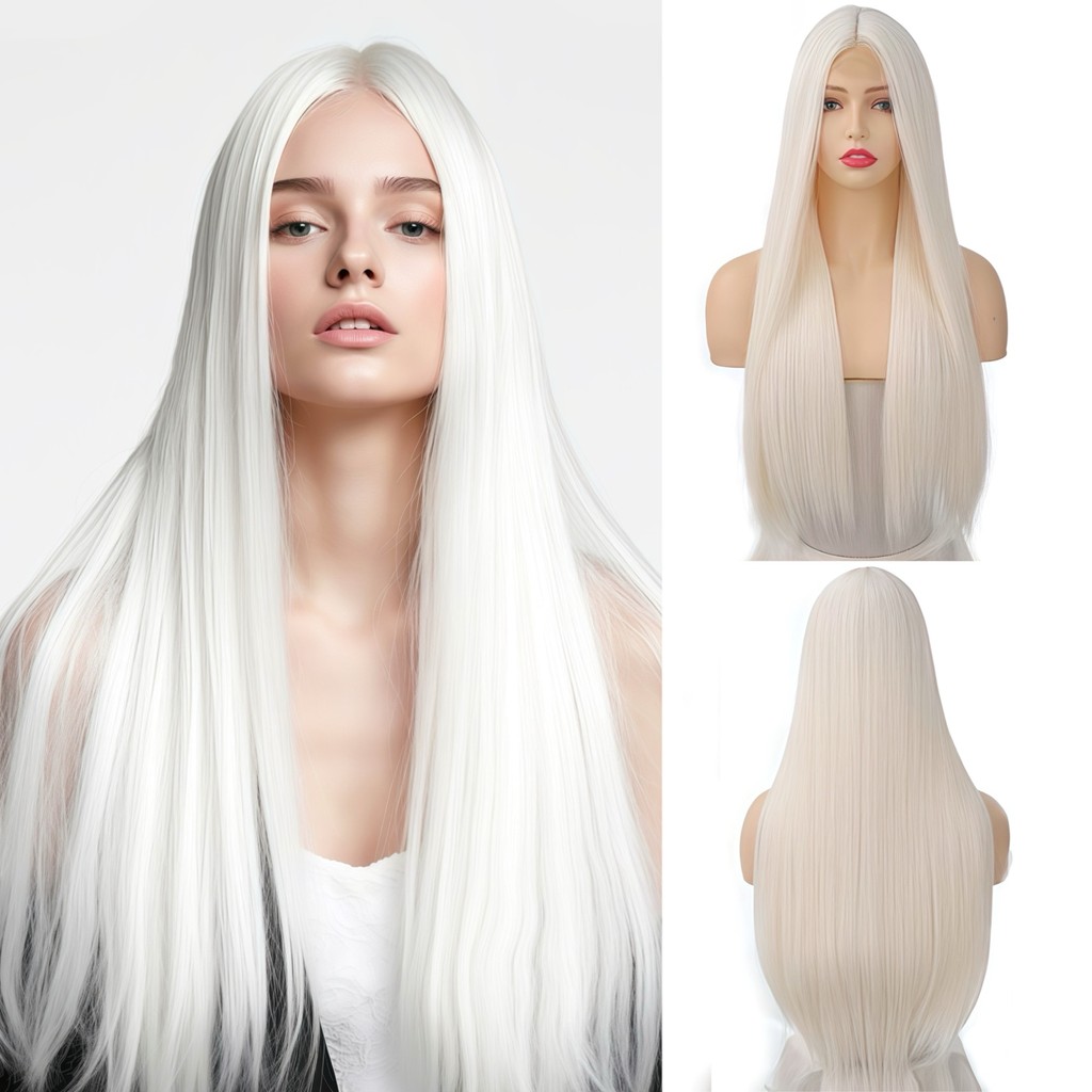 European and American Gold Woman White COS Full Head Wig Middle Part ...