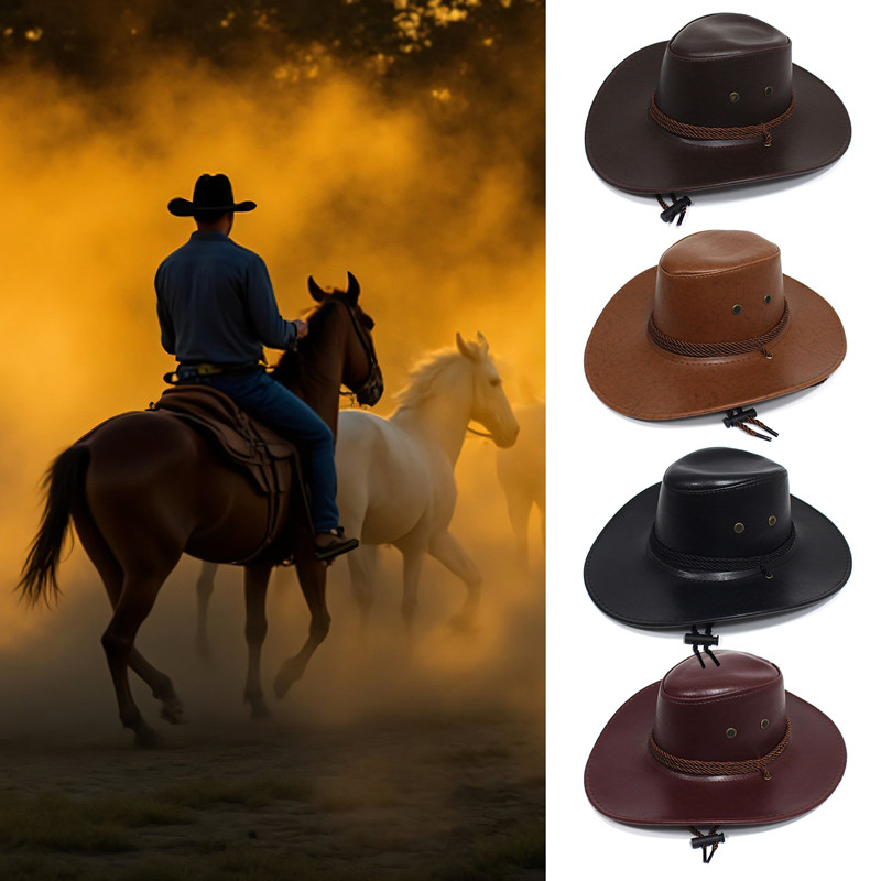 Faux Leather Western Cowboy Hats For Women Men Vintage Gentleman Dress Hats Panama Cowgirl Jazz ...