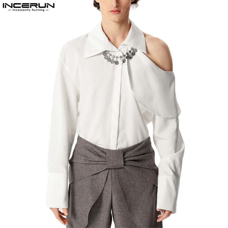 INCERUN Men Vintage Fashion Slant Shoulder Hollow Long Sleeve Shirts ...