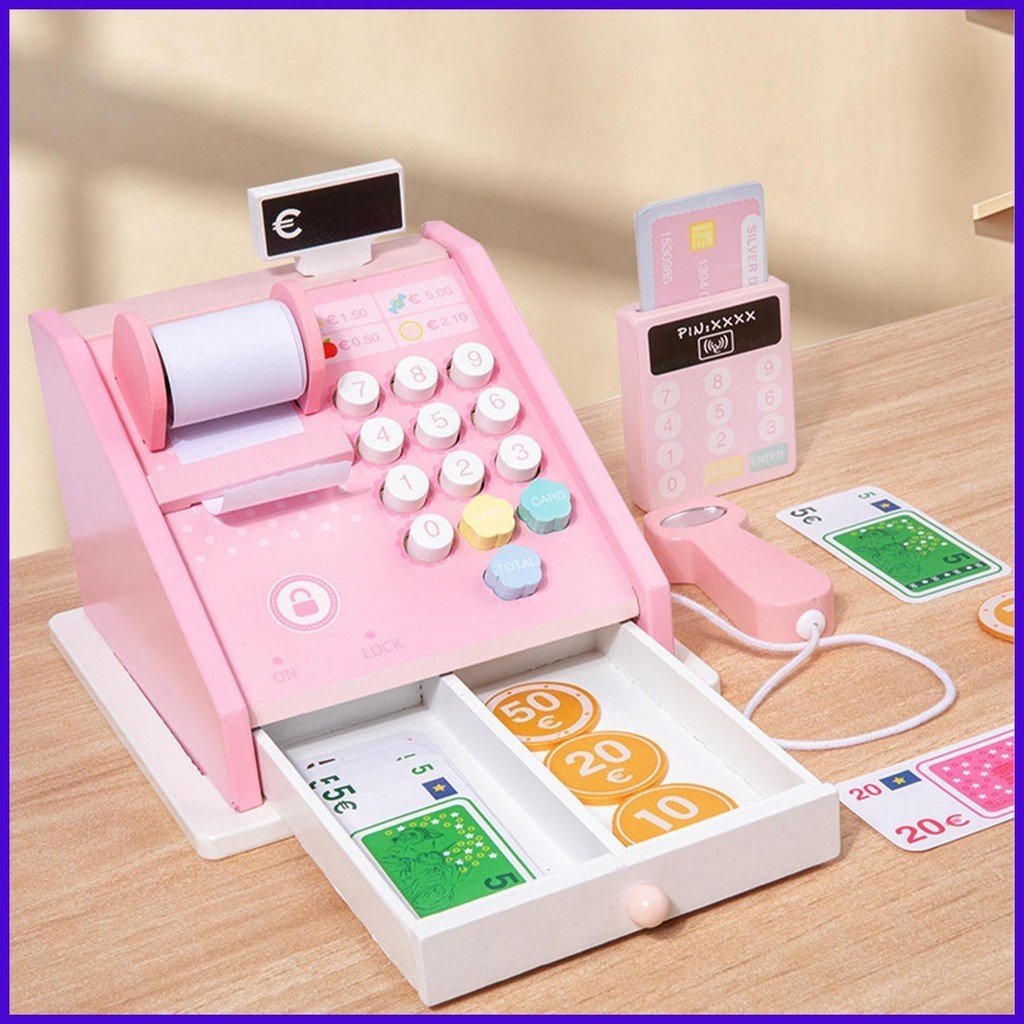 Wooden Cash Register Pretend Play Money Counting Toys for Kids Colorful ...