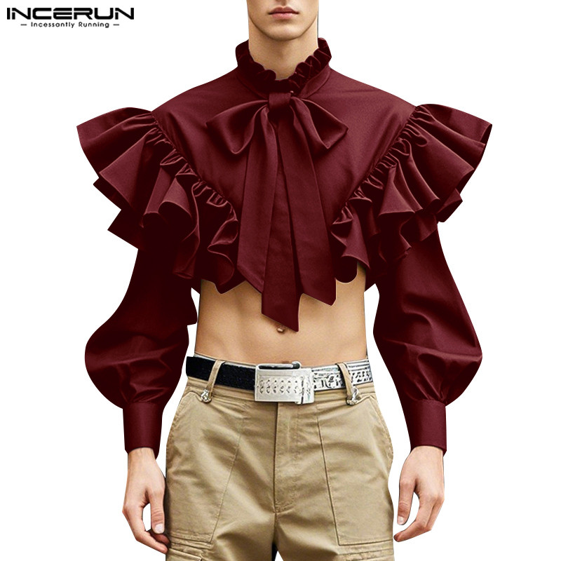 INCERUN Men Vintage Casual Ruffle Long Sleeve Solid Color Design Shirts ...