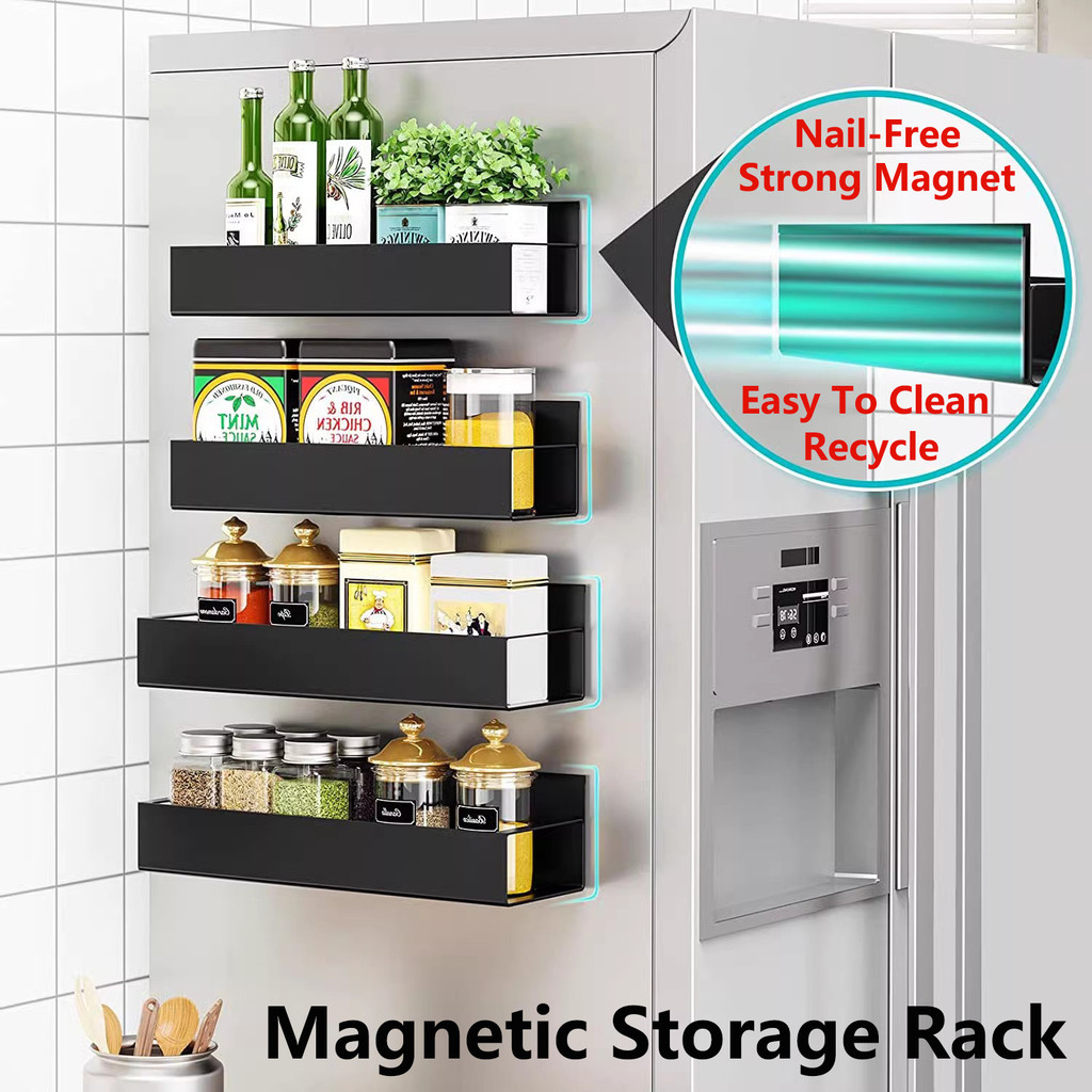 Magnetic Fridge Shelf Spice Storage Rack Refrigerator Side Shelf Black ...
