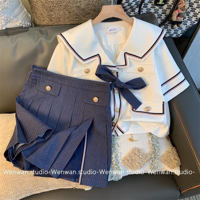 [READY Straw] Jk Uniform Preppy Style Navy Collar Pleated Skirt Suit ...