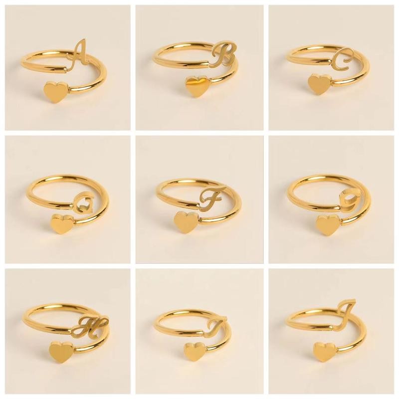 Titanium Steel 26 Letter Ring 3D Heart-shaped Tail Ring A-Z Letter ...