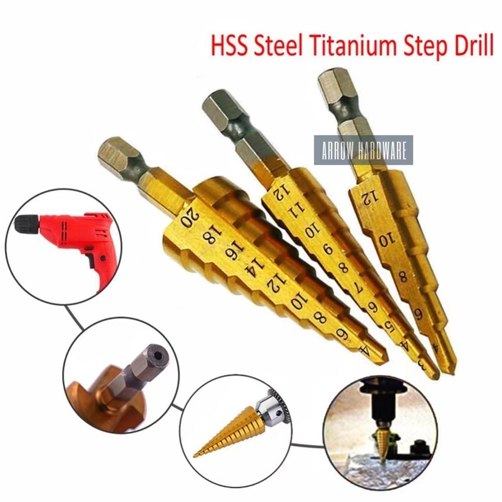 3 pcs HSS Titanium Step Drill Bit Set 4-12/12/20mm | Shopee Philippines
