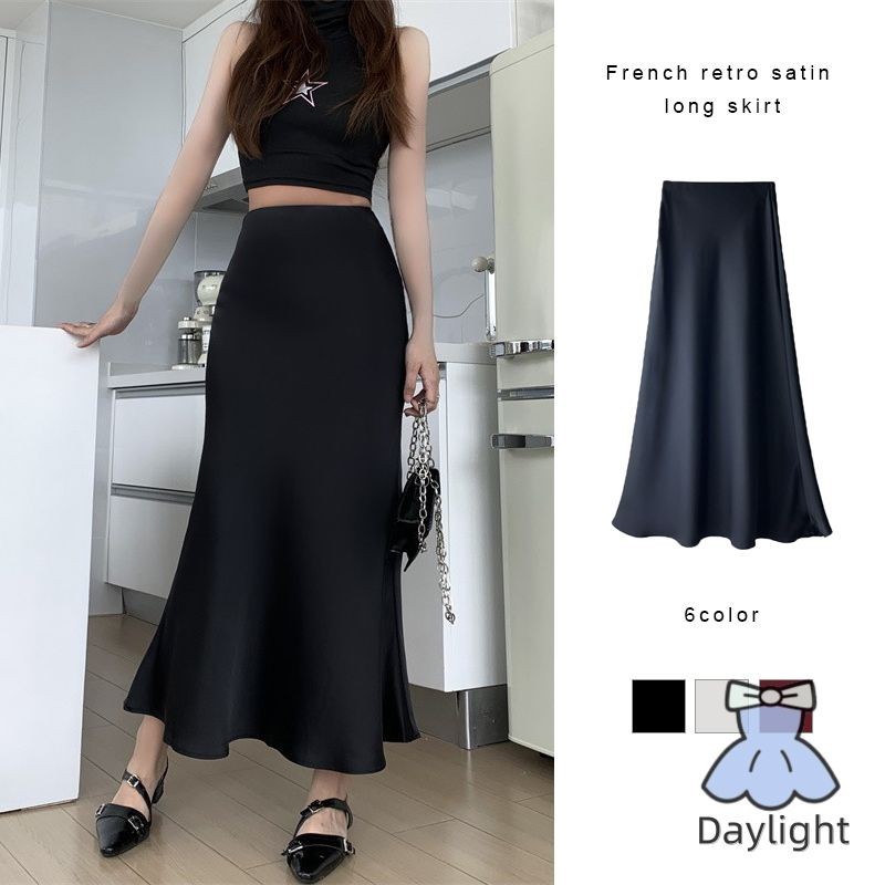 French Style Retro Satin Long Skirt Wrapped Hip Fishtail Skirt High ...
