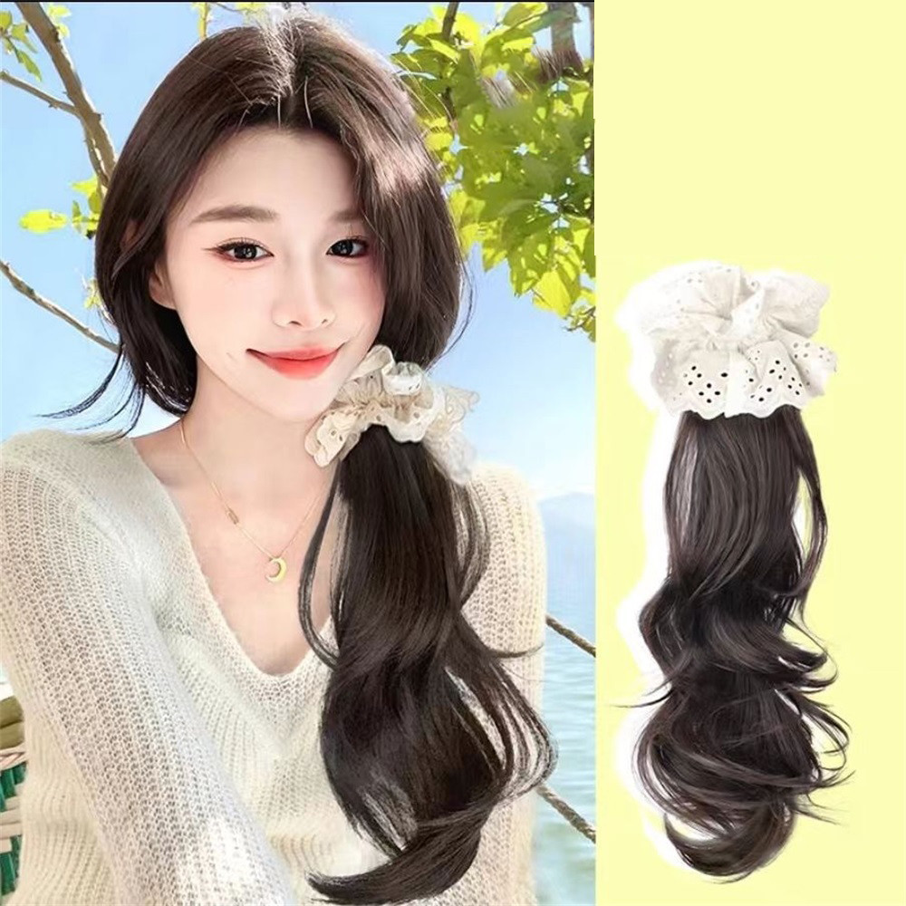 35cm Elegant Lace Flower Low Ponytail Curly Grab Wig Women Fluffy Wave ...