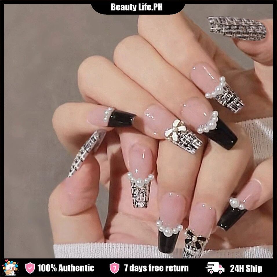 24 Pcs Black Fake Nails Waterproof Durable with Glue French Nail DIY ...