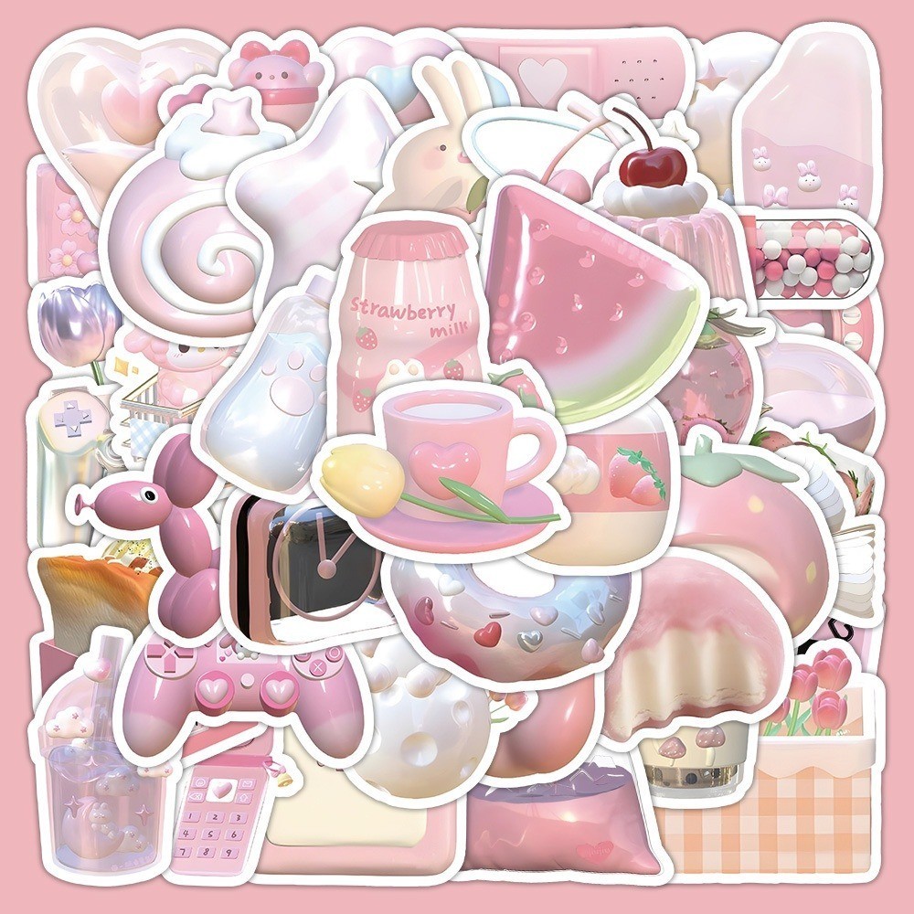 60pcs Cute 3D Pink Stickers Laptop\Phone Decorative Stationery Cartoon ...