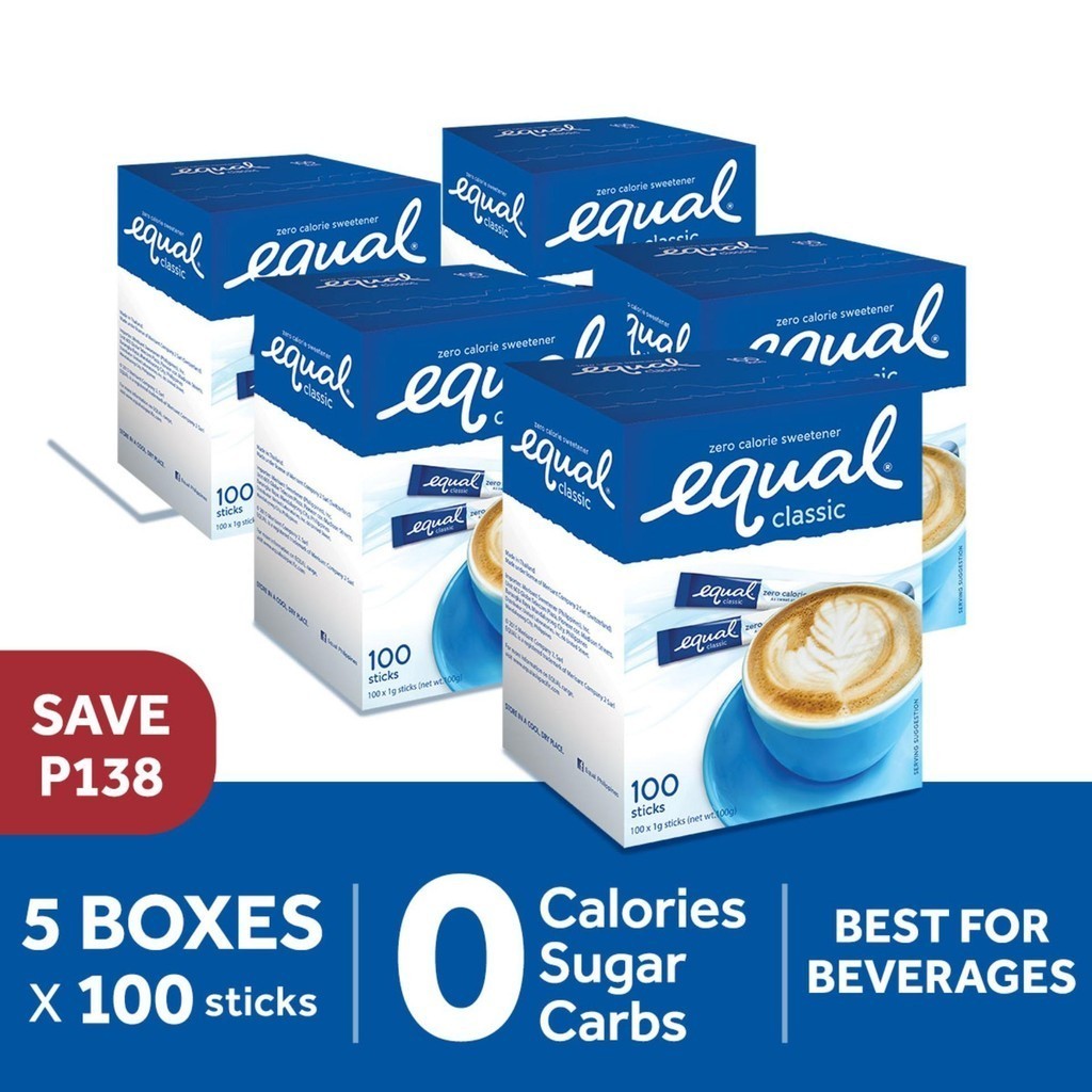 Equal Classic Zero Calorie Sweetener 100 Sticks - 5 Boxes (Sugar ...