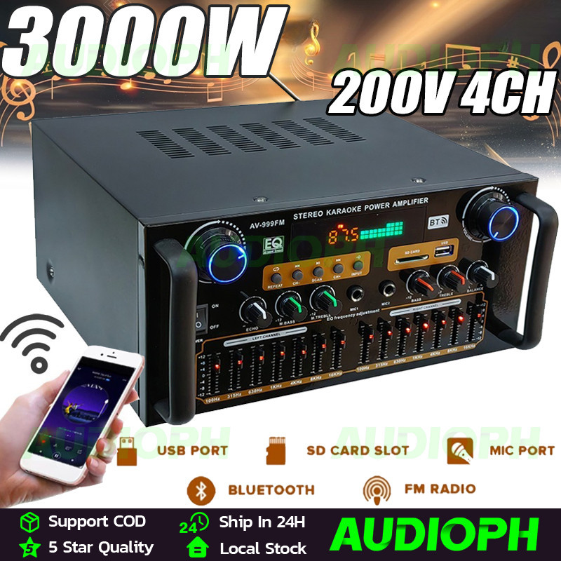 220V 3000W AV-999FM Home Stereo Audio Amplifier Bluetooth 4CH EQ ...