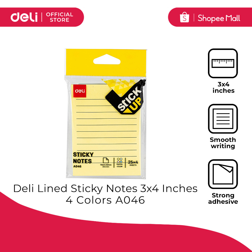 Deli A046 Lined Sticky Notes 3x4 Inches 4 Colors | Shopee Philippines