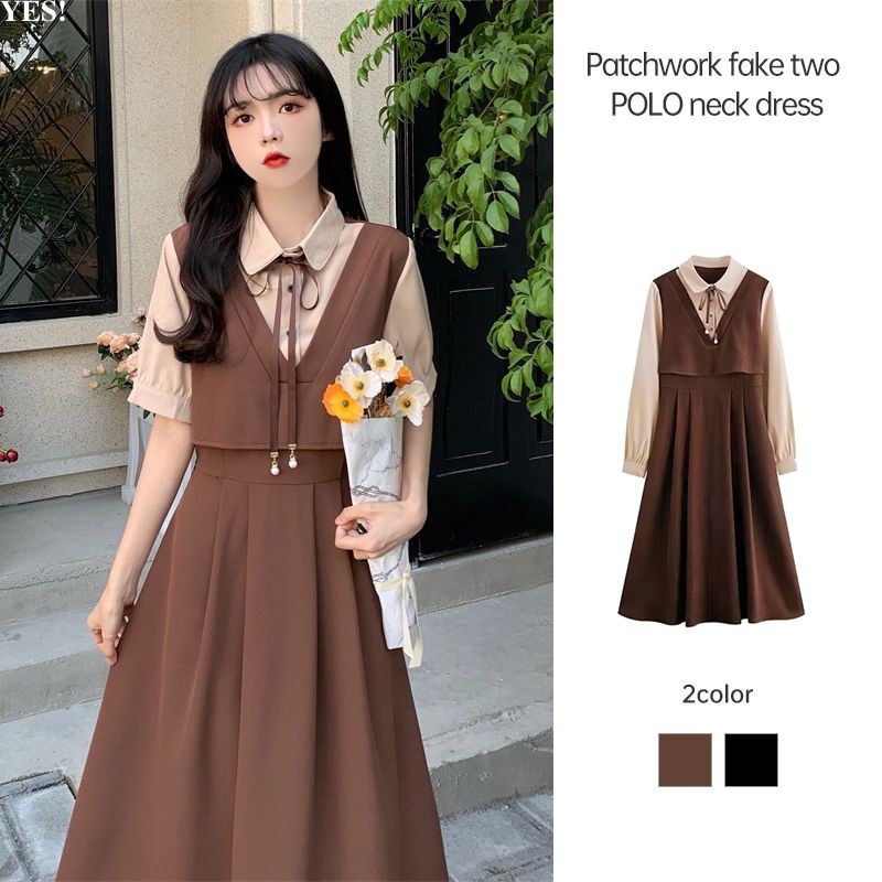 Fake Two-piece Dress Women College Style Dress Contrasting Color Mid ...