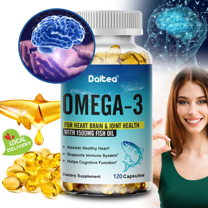 DAITEA Omega-3 Fish Oil Capsules Enriched with DHA EPA Anti-Aging, Skin, Eyes, Heart, Brain ...