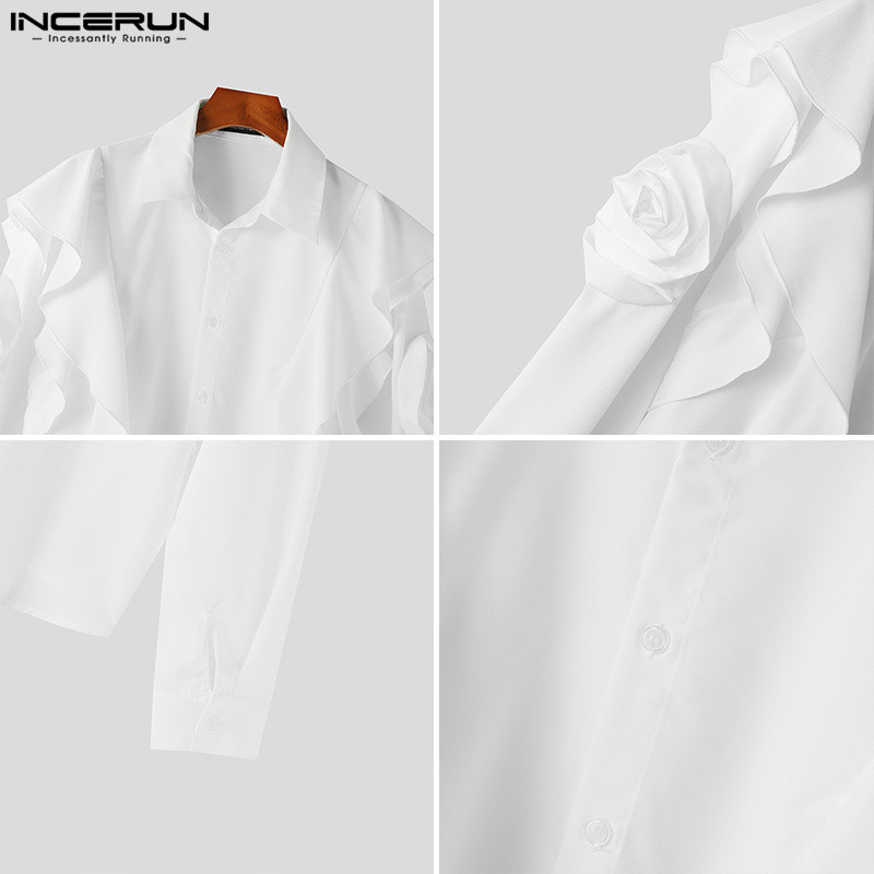 INCERUN Men Vintage Long Sleeve Ruffle Shoulder Cubic Plate Flower ...