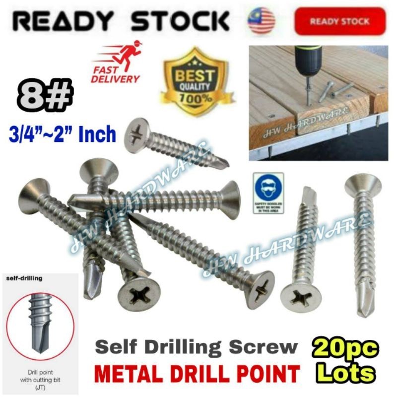 8 Drill Point Cutting Bit Self Drilling Screw Flat Head 3/4"~2" For ...