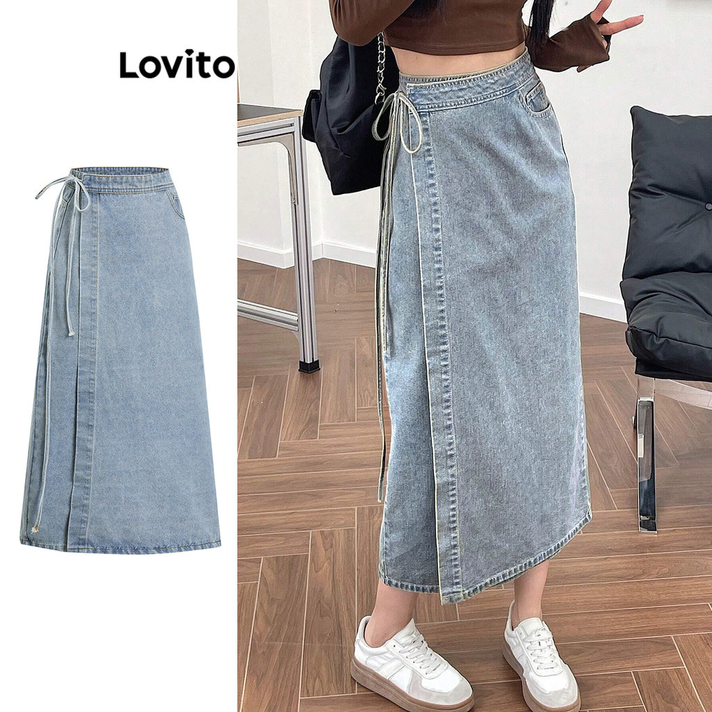 Lovito Women Casual Plain Lace Up Asymmetrical Denim Skirts L99ED969 ...