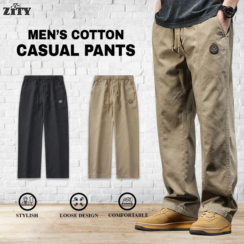 【COD】Men's Trouser Straight Cut Cargo Pants Cotton Elestic Casual Long ...