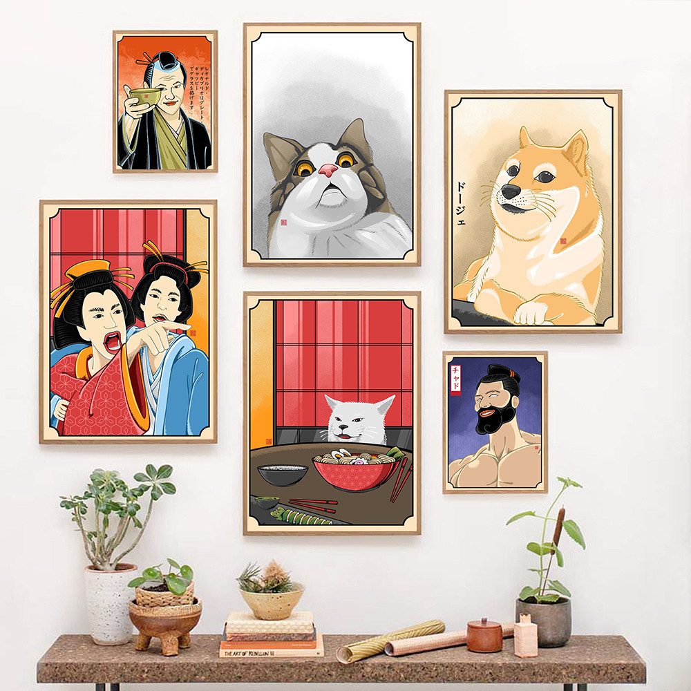 Funny Japanese Woman Yelling at Cat Doge Meme Canvas Painting Cheers ...