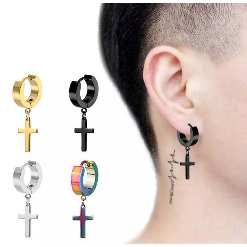 (AT8) 1 PCS TITANIUM CROSS TINDIK EARRINGS FOR MEN AND WOMEN ANTI RUST ...