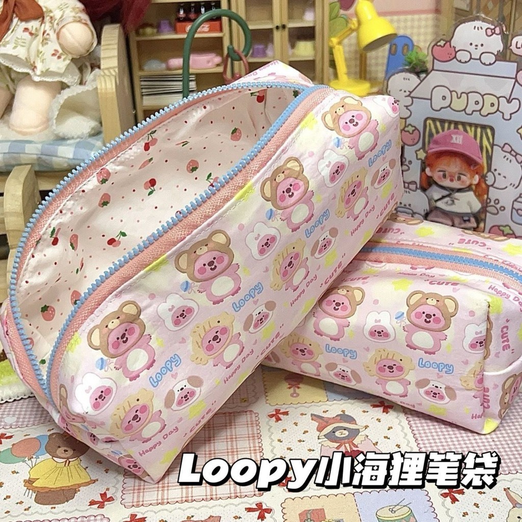 Pink Cute Loopy Pen Bag Student Double sided Printed Zipper Stationery ...