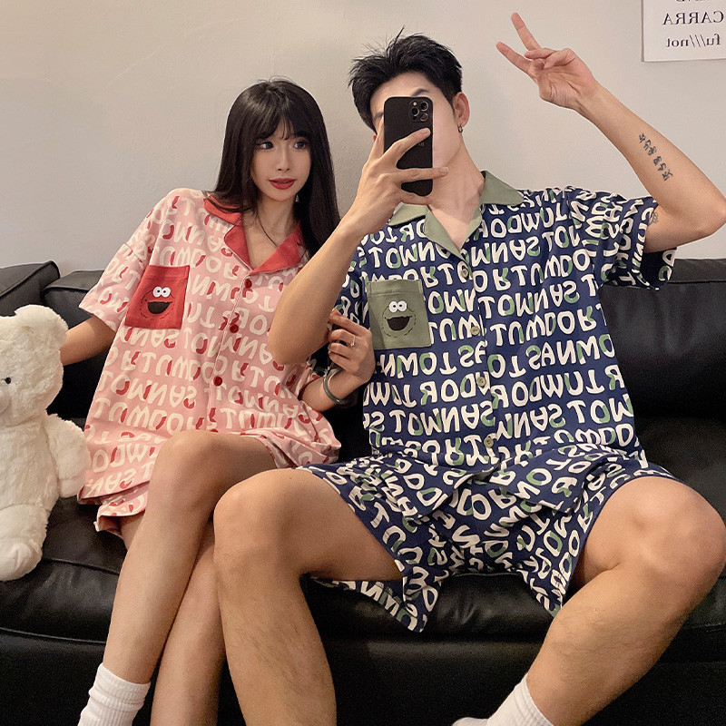 2024 Summer Couple Pajama terno Set Cardigan Pajamas Short Sleeve and ...
