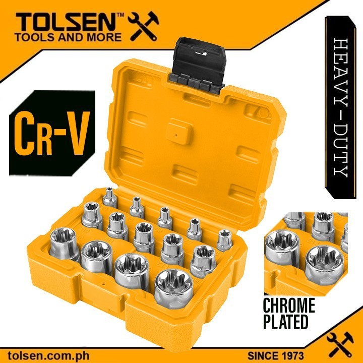 Tolsen 14pcs E Type Socket Set (1/4" | 3/8" | 1/2") Cr-V Finish 15514 ...