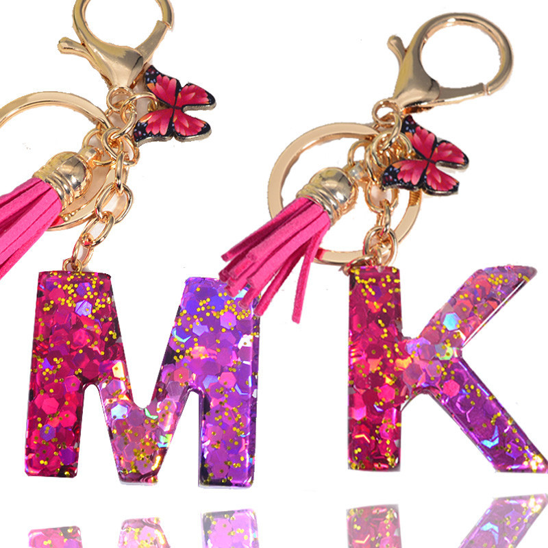 Fashion A-Z Shiny Sequin Letter Keychain Red Purple Gradient Initial ...