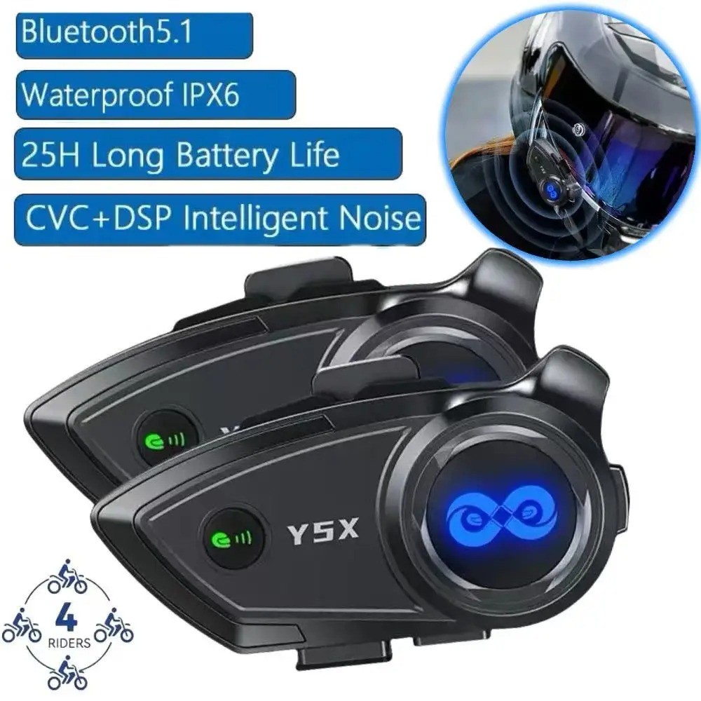 Bluetooth 5.1 Motorcycle Helmet Intercom Headset 4 Rider Group 1000m ...