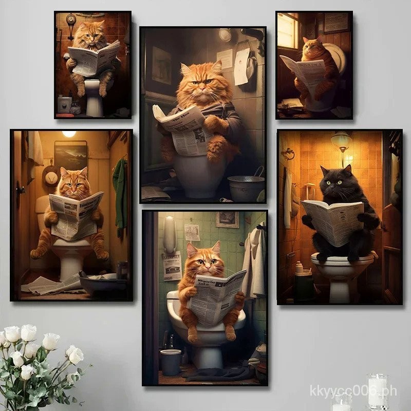 Funny Kawaii Fat Cat Toilet Newspaper Aesthetics Poster Picture for ...