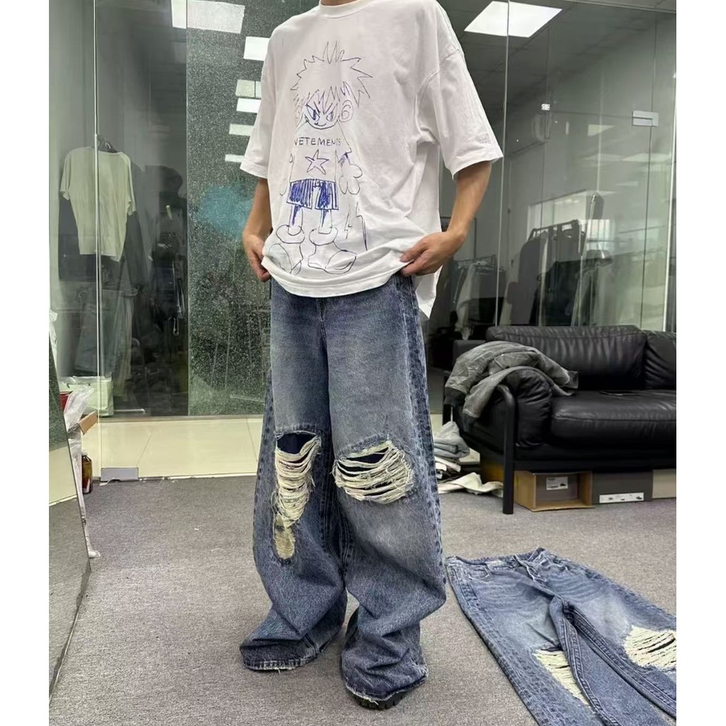 Vetements 23SS Show Style Surface Ripped Destruction Wide Leg Jeans ...