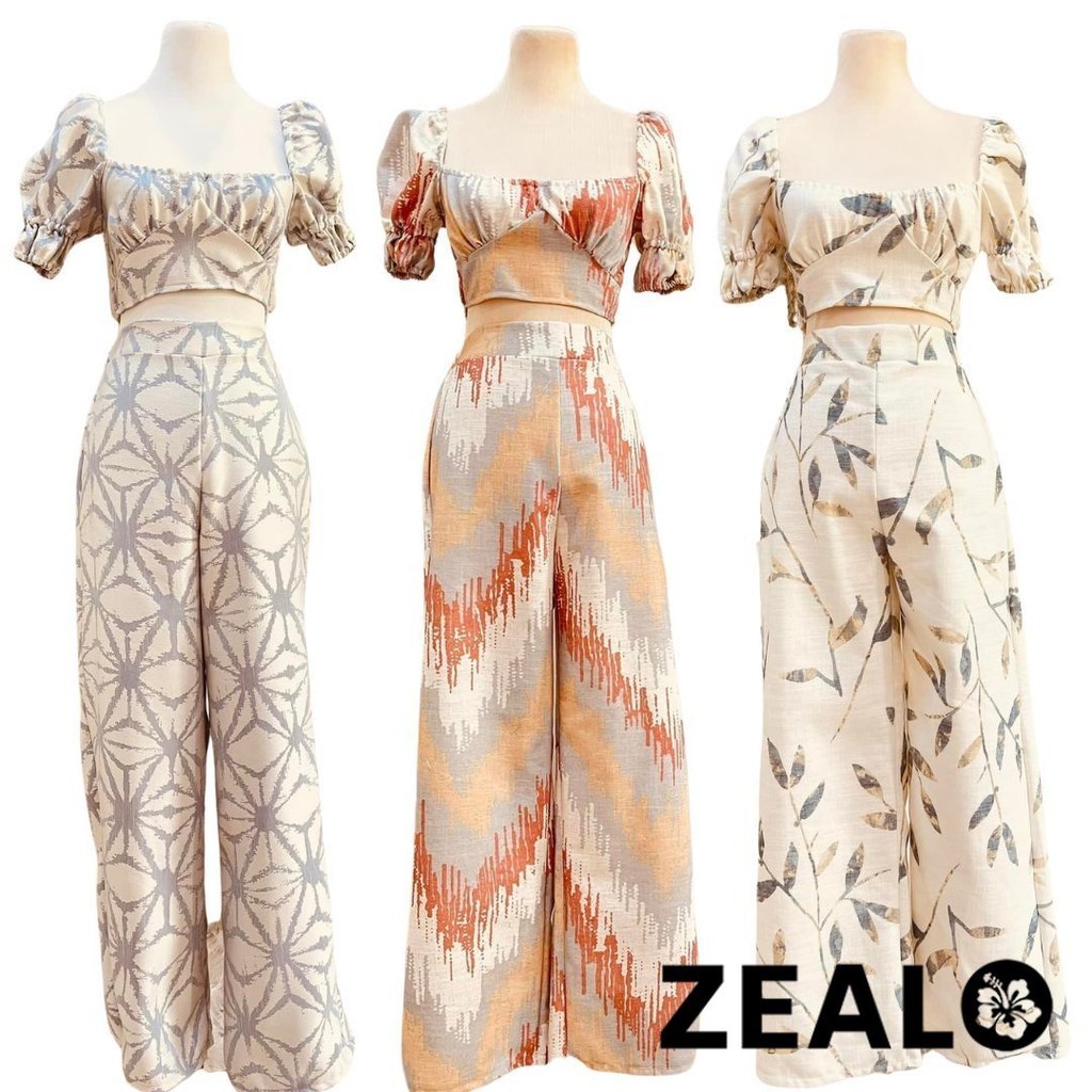 ZEALO Maren Coordinates Puff Sleeves Crop Top and Wide Leg Pants Terno ...