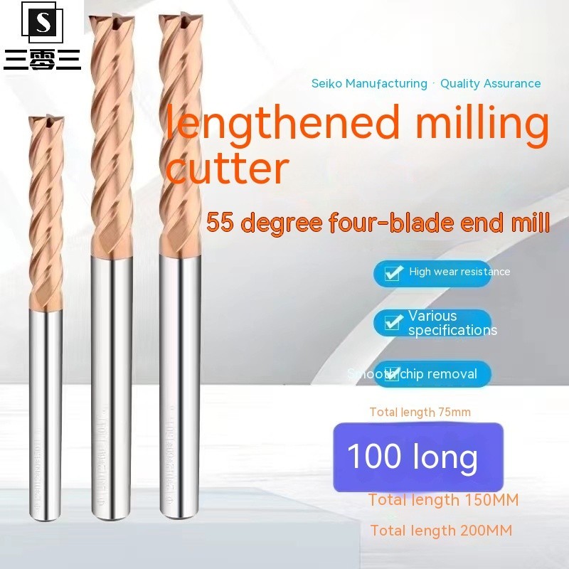 HRC55 extended tungsten steel end mill, 100 length end milling cutter ...