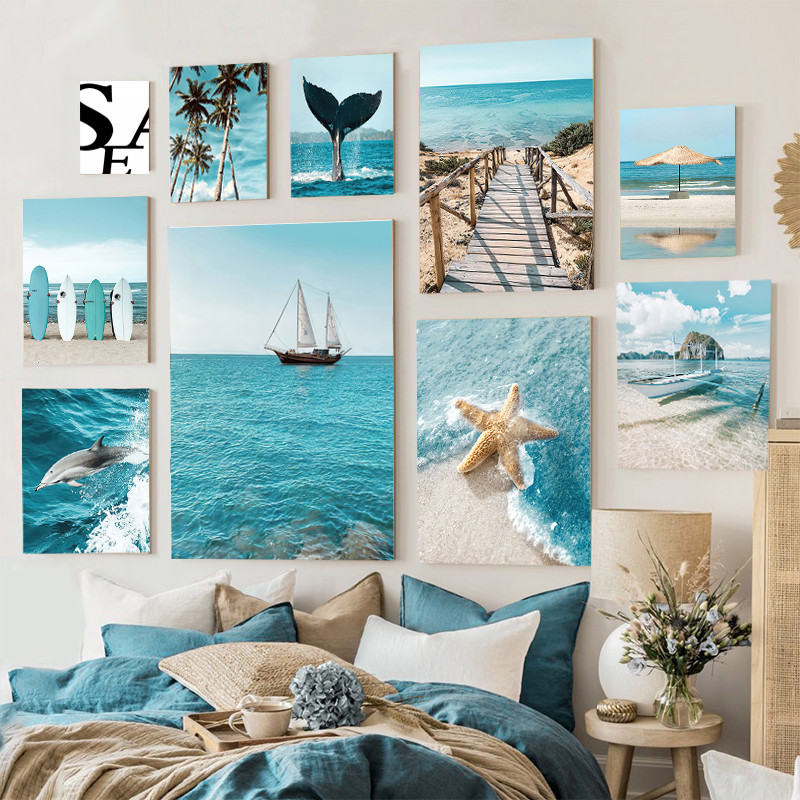 Blue Beach Ocean Poster Wooden Bridge Starfish Surfboard Decor Canvas ...