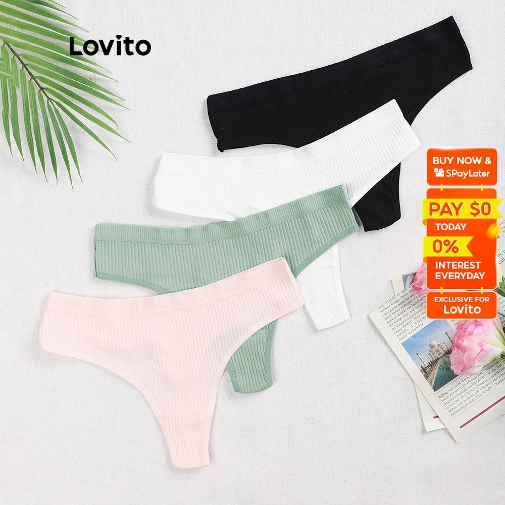 Lovito Sexy Solid Thong High Stretch Cotton V-Strings Seamless Rib Knit ...