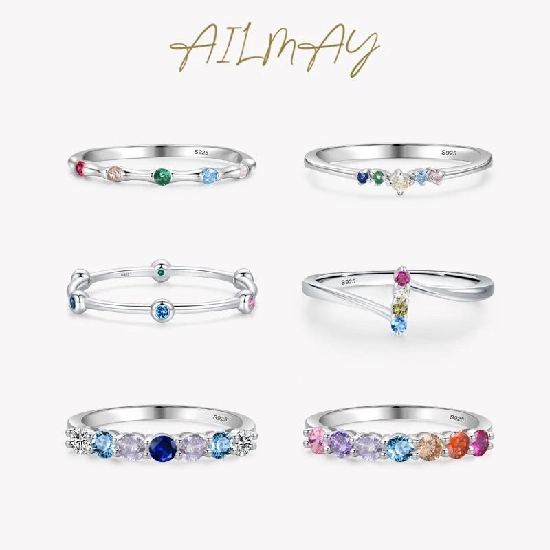 Ailmay Pure 925 Sterling Silver Rainbow Colorful Zirconia Fashion Stackable Geometric Rings For ...