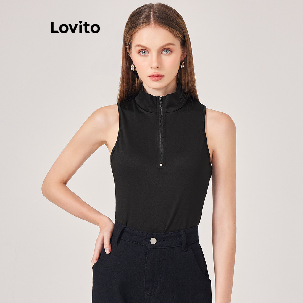 Lovito Women Casual Plain Zipper Tank Top L71ED224 (Black) | Shopee ...
