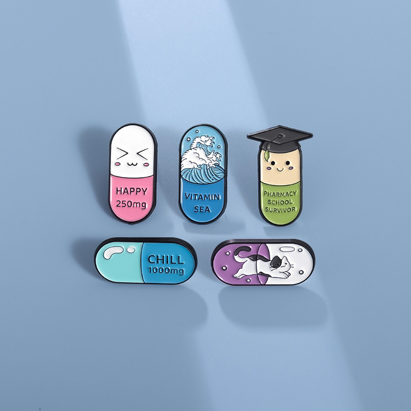 Creative Pill Capsules Enamel Pins Brooches Cute Funny Cat Capsule ...