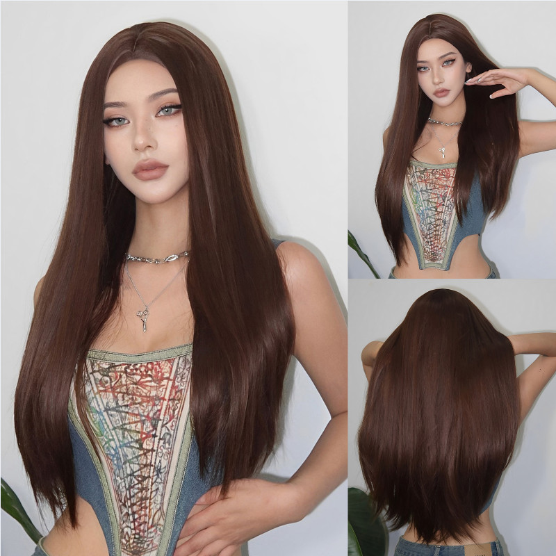 70cm Long Straight Wigs Brown Middle Part Synthetic Hair Wigs Daily ...