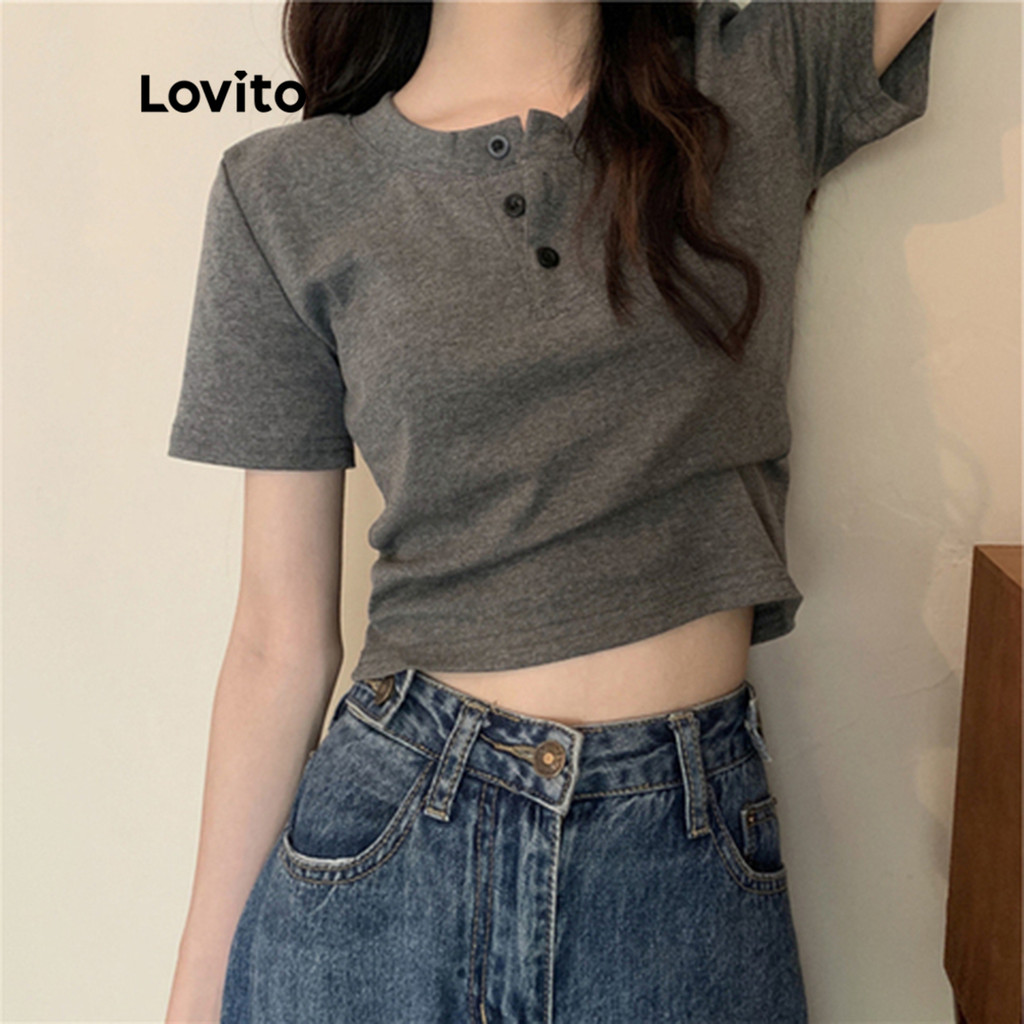 Lovito Casual Plain Button Front T-Shirt for Women LNA07155 | Shopee ...