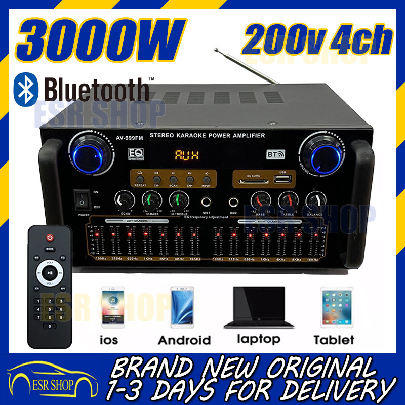 220V 3000W AV-999FM Home Stereo Audio Amplifier Bluetooth 4CH EQ ...