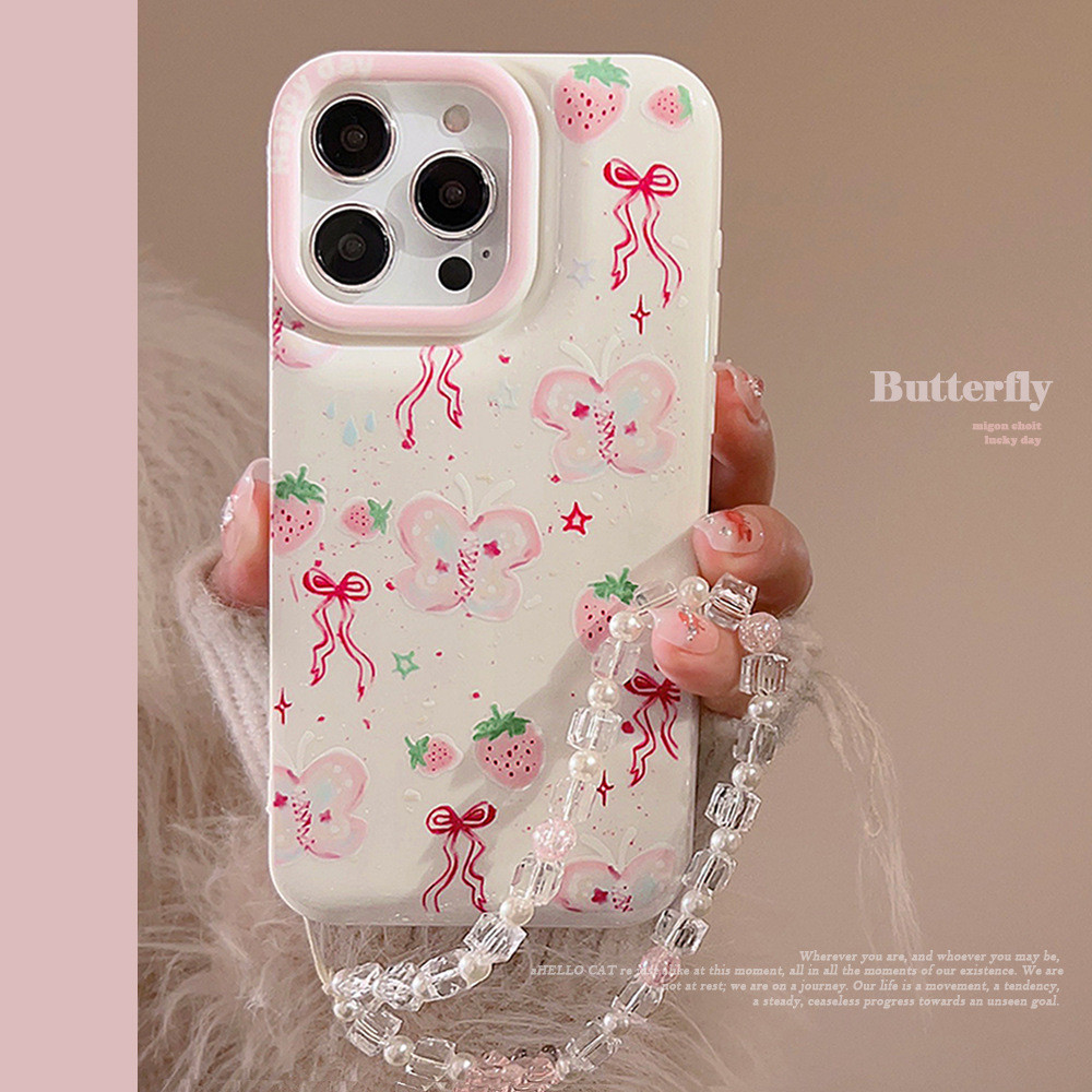 Pink and white strawberry butterfly phone chain fall-proof phone case ...