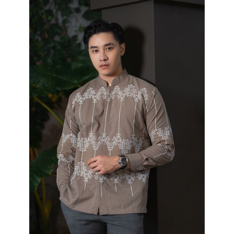 KEMEJA Modern Men's Embroidery Shirt NUC.ID Karim 06 (Brown) | Shopee ...