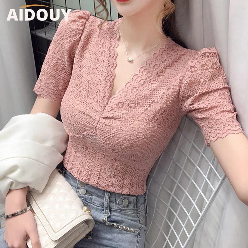 Bubble Sleeved V-neck Hollowed Out Lace Shirt for Women's Summer New Slim Fit Tops Women Solid ...