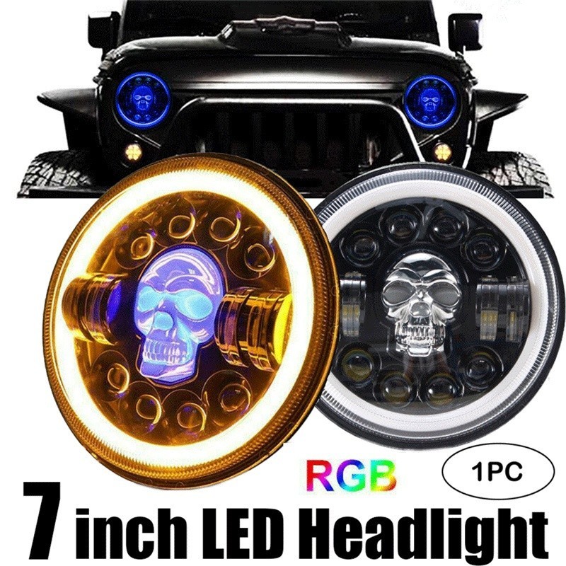 7 Inch LED Headlights RGB IP67 DRL Hi/Lo Beam H4 60W Ring Amber Angel ...