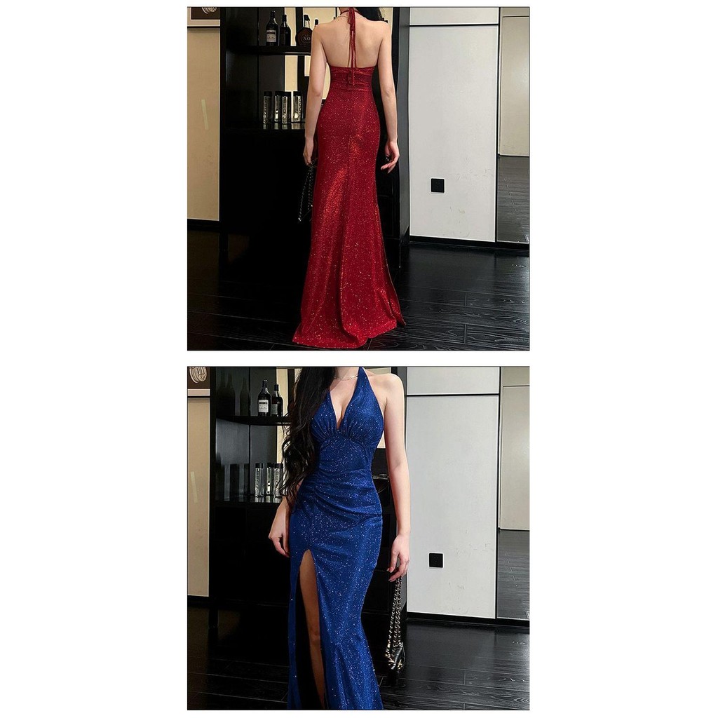 Korean Red Blue Sequin Sparking Elegant Evening Prom JS Cocktail Split ...