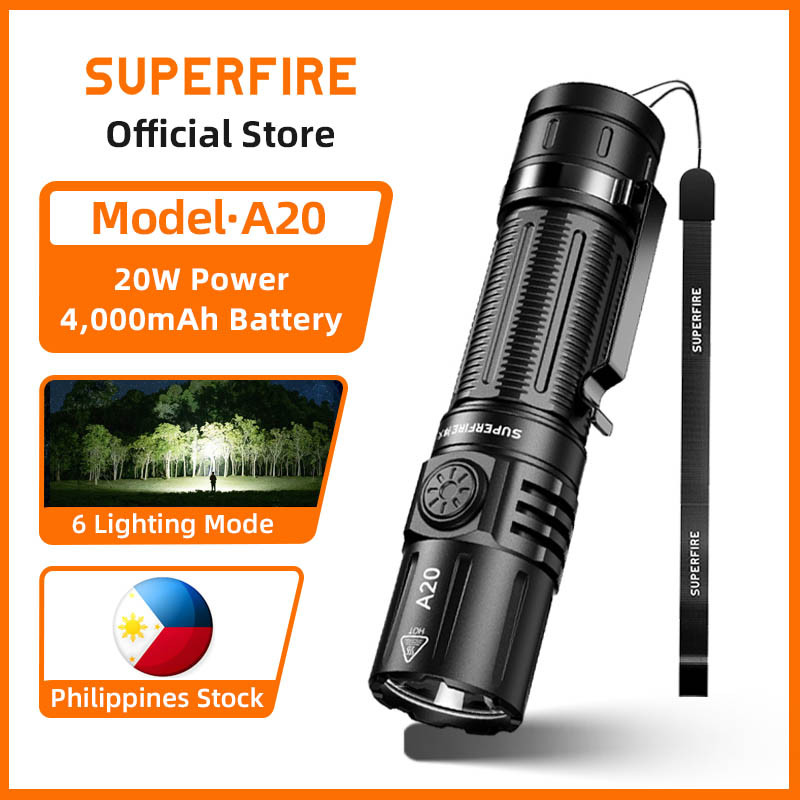 SUPERFIRE A20 20W Flashlight High-power Super Bright Type-C Rechargeble ...