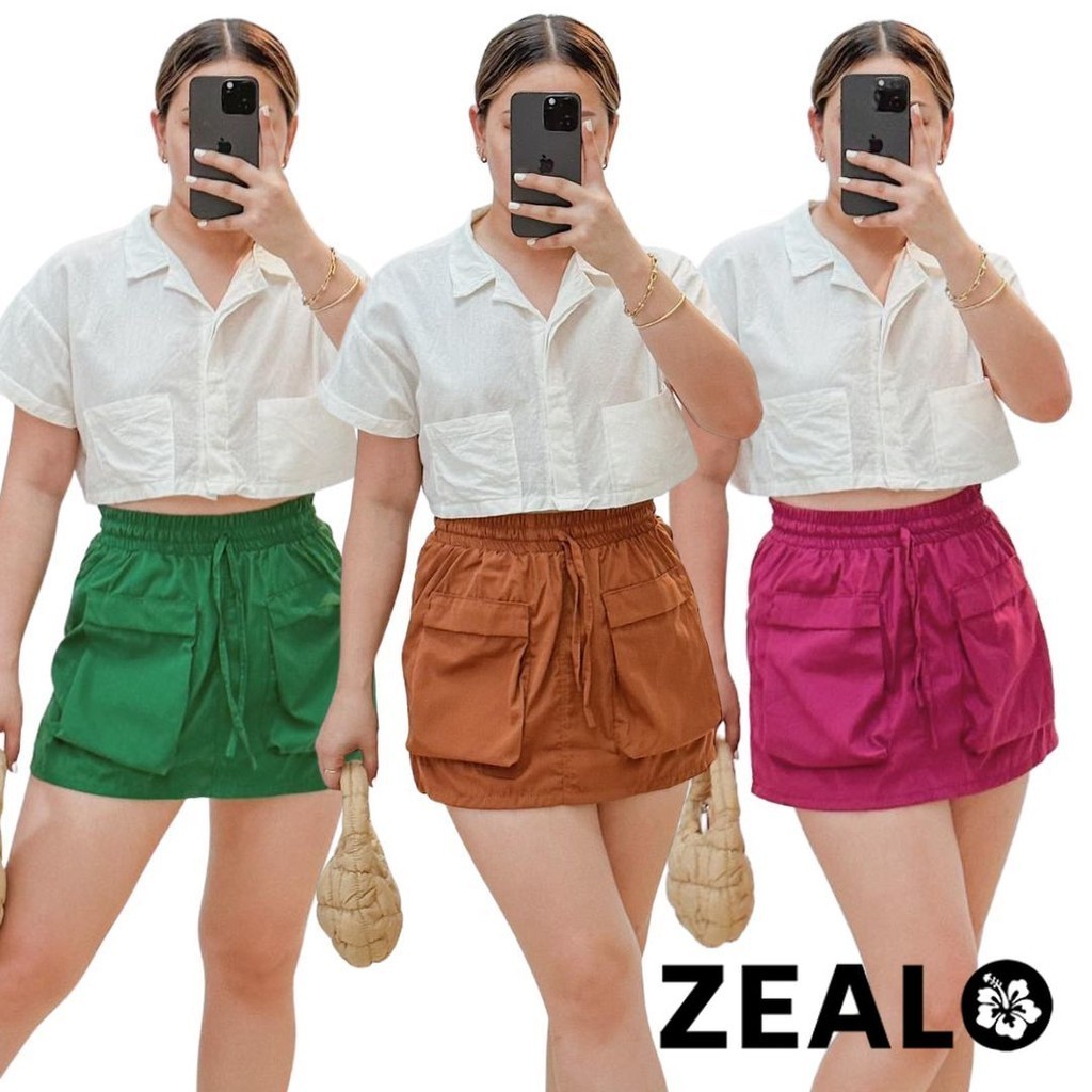 ZEALO Emelia Coordinates Collar Button Up Crop Top and Cargo Skirt ...