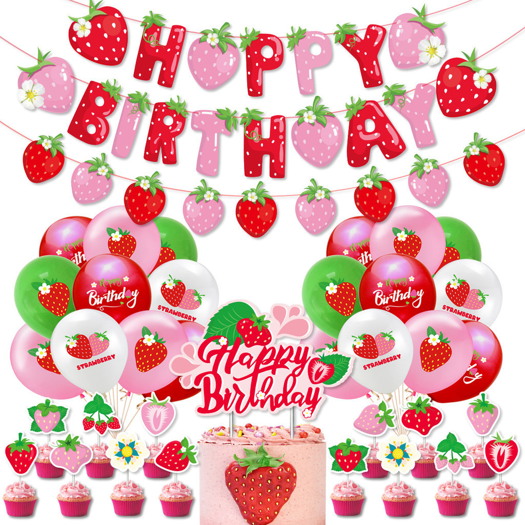 Fruit Strawberry Theme Birthday Party Decoration Strawberry Flag Banner ...