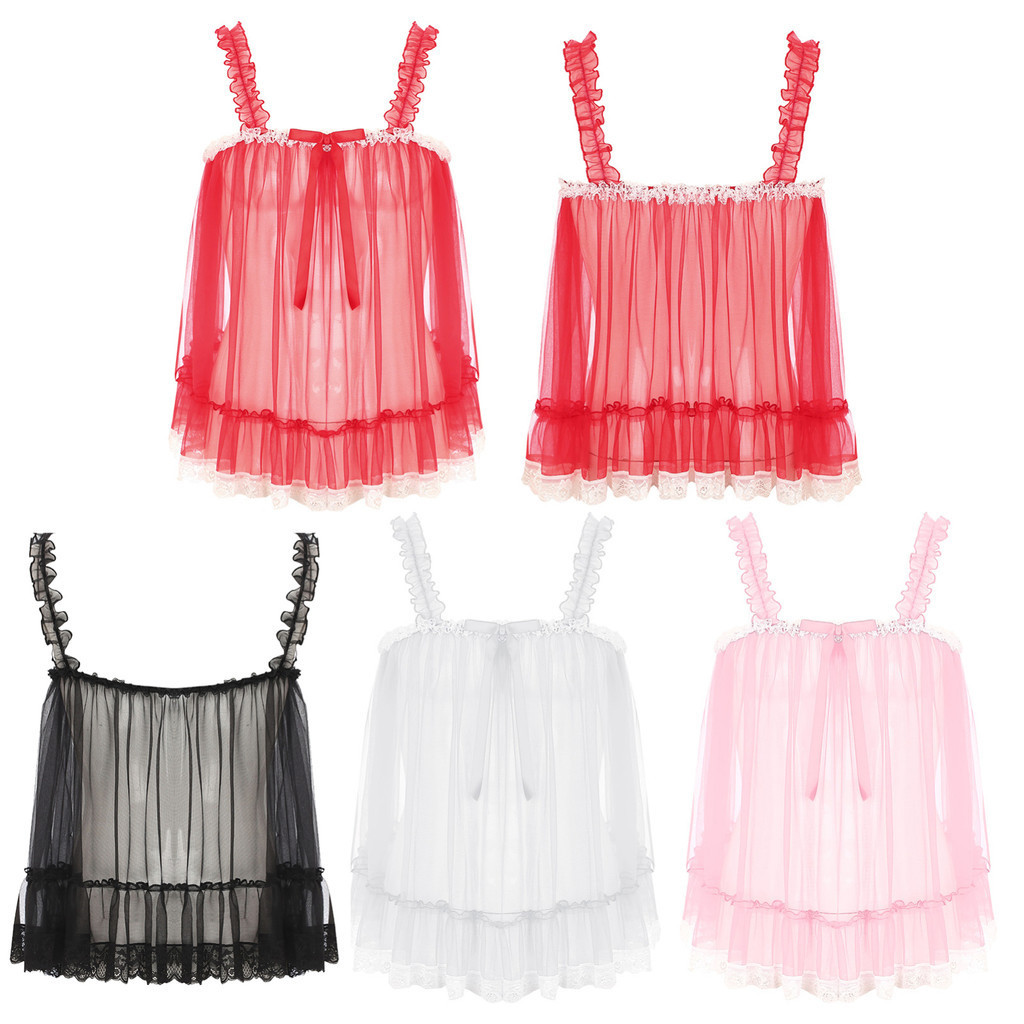 Rswnyirn Mens Sexy Sissy Sheer Mesh Top Ruffle Straps Bow See-Through ...